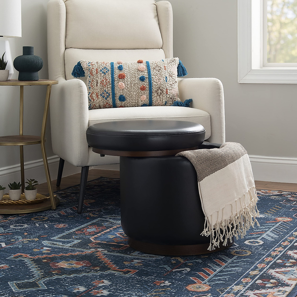 Linon Lexington Black Faux Leather Round Storage Ottoman with Wood Accent