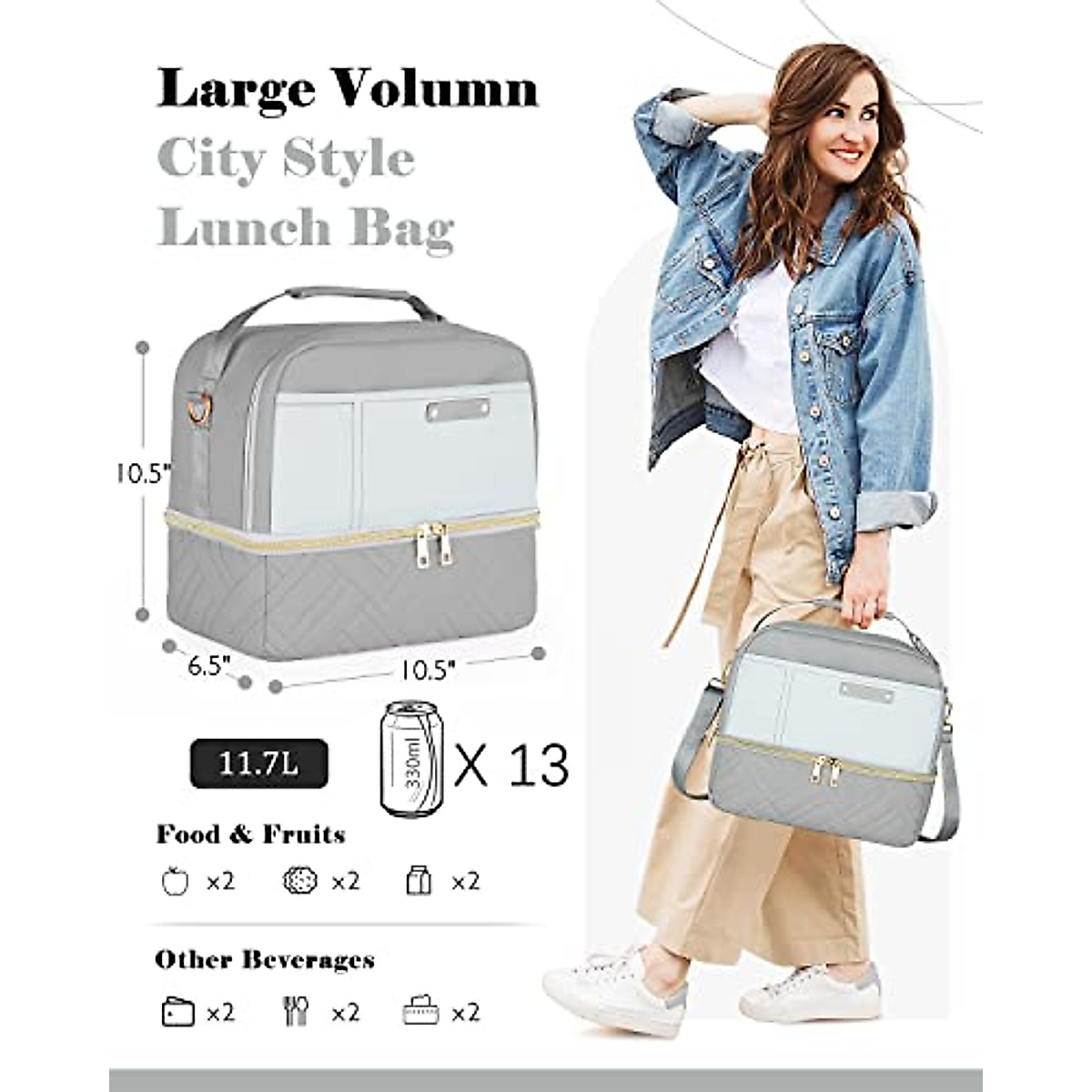 GLORIEROO Lunch Bag Women Men, Large Insulated Lunch Box Tote Cooler - Stylish Vegan Leather 2 Tier Lunch Bag with Adjustable Shoulder Strap for Adults Travel Work, Blue Grey
