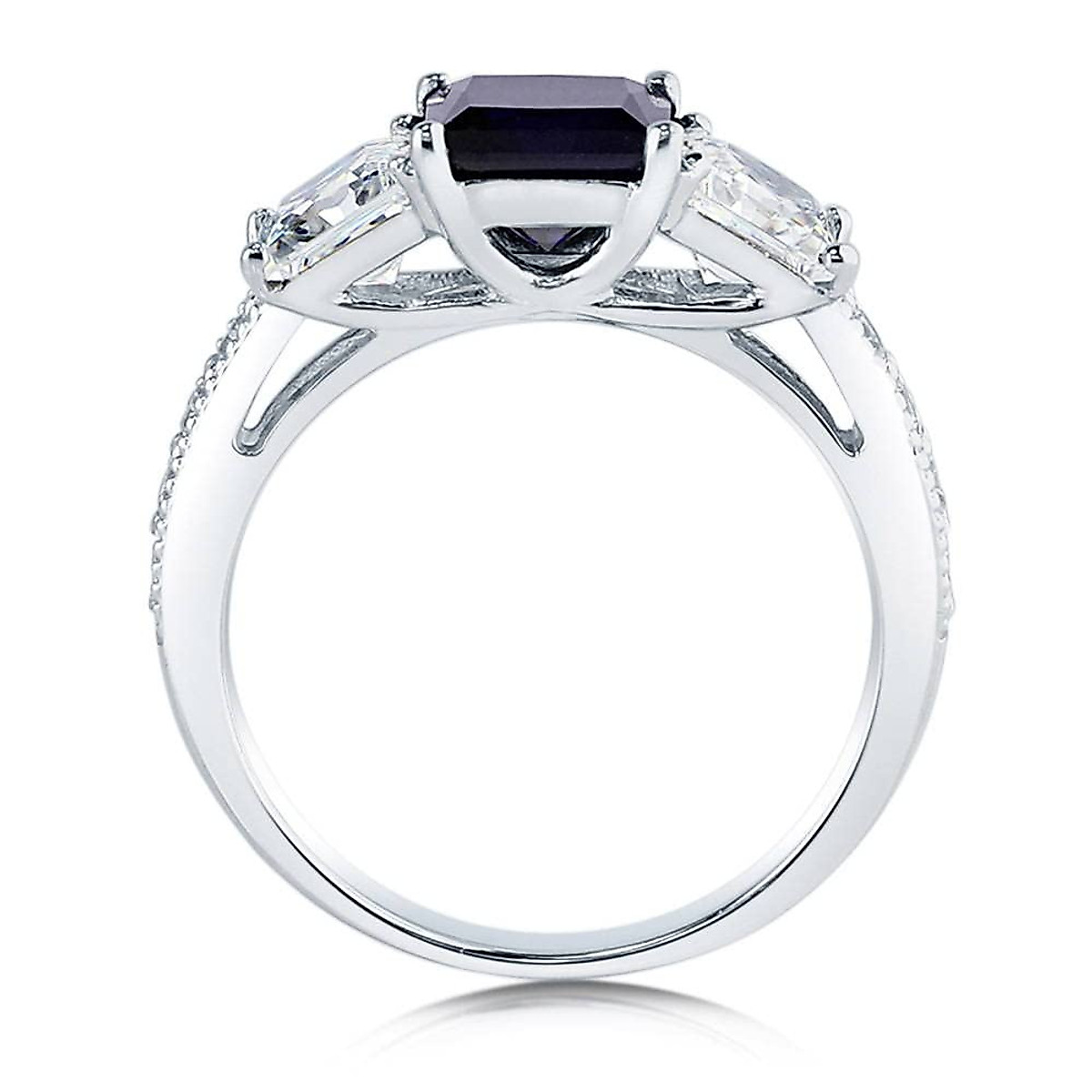 BERRICLE Sterling Silver 3-Stone Wedding Engagement Rings Simulated Blue Sapphire Princess Cut Cubic Zirconia CZ Anniversary Promise Ring for Women, Rhodium Plated Size 7