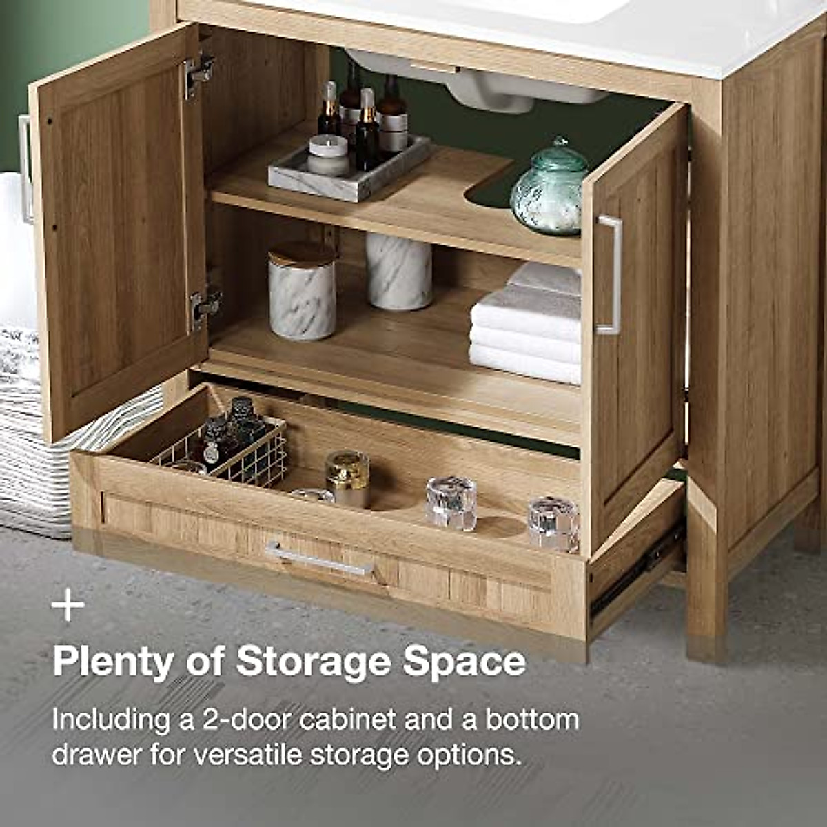 OVE Decors Kansas 36" Single Sink Bathroom Vanity Set with Countertop, Fully-Assembled | Ceramic Sink and Backsplash Included | 02 Doors, 01 Drawer, 36 inches, White Oak