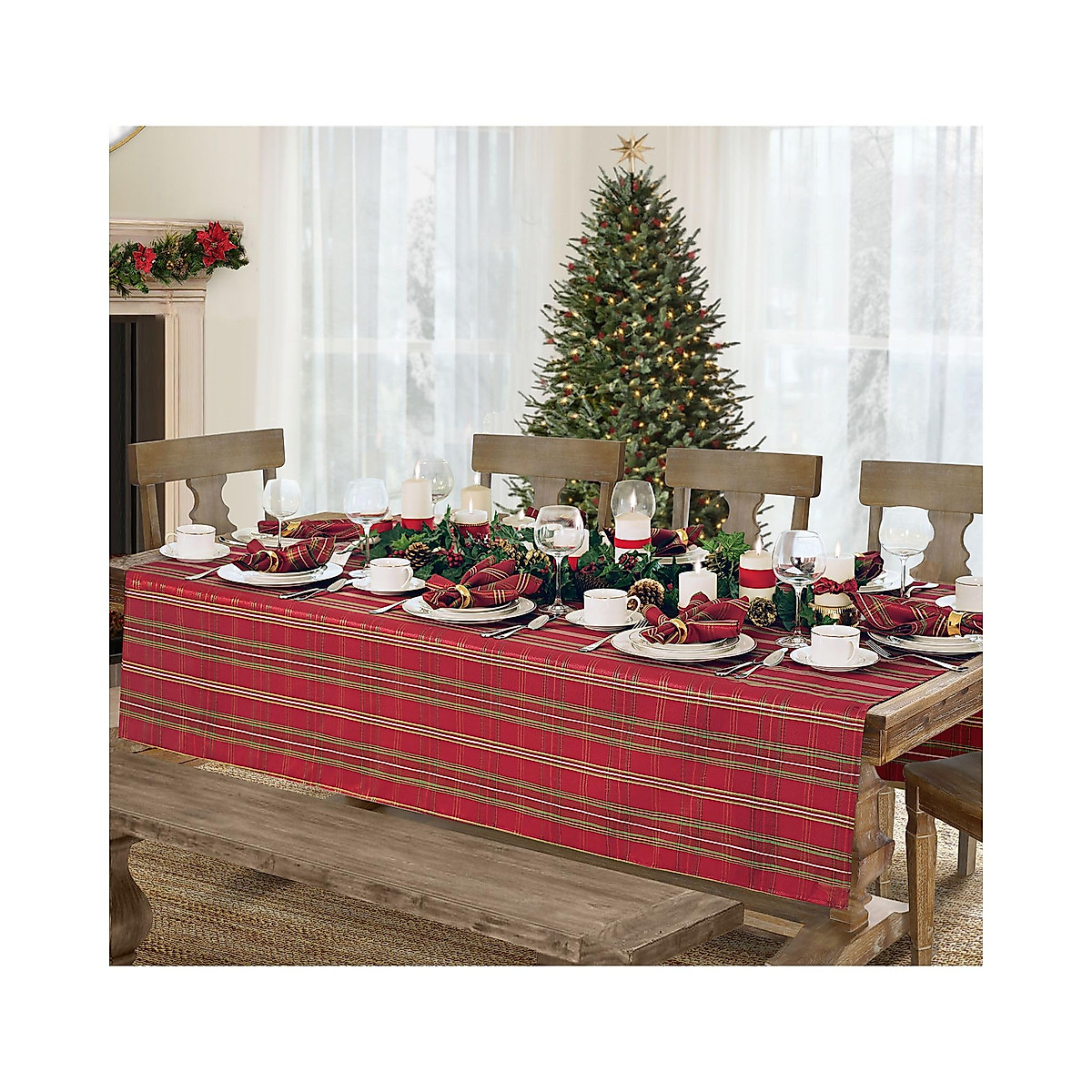 Elrene Home Fashions Shimmering Plaid Holiday Fabric Tablecloth, 52" x 52", Red