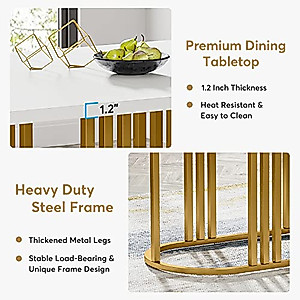 Tribesigns Gold Dining Table for 6, 71” Modern White Kitchen Table, Rectangular Dining Room Table with Heavy Duty Oval-Shaped Metal Frame, White/Gold