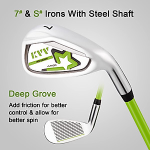 KVV Junior Complete Golf Club Set for Kids/Children Right Hand, 4-Piece Set Includes Oversize Driver, S# & 7# Irons, Putter, Head Cover, Portable Golf Stand Bag(Lime8-10)