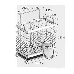 Sturdy 304 Stainless Steel Utensil Drying Rack, Basket Holder with Hooks 2 Compartments Draining Basket, Rust Proof, No Drilling,Kitchen Dish Drainer Dish Drying Rack