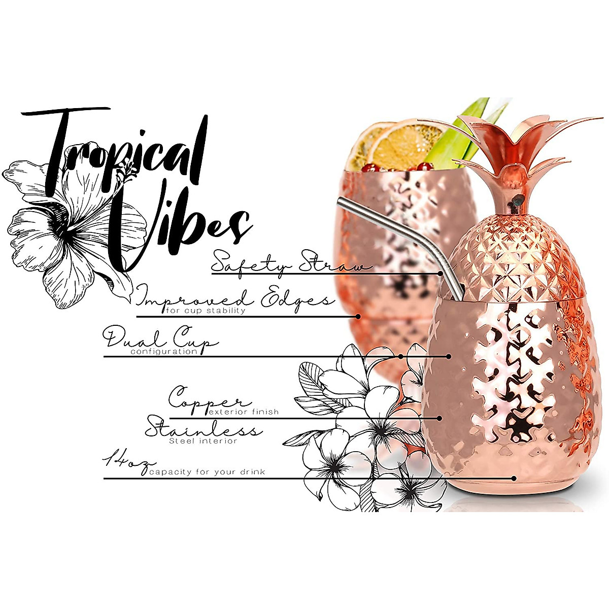 Vastigo 14 oz Pineapple Copper Plated Stainless Steel Cocktail Bar Standing Tumbler Mug Cup | Bar ware Kitchen | Drinking Party Cup