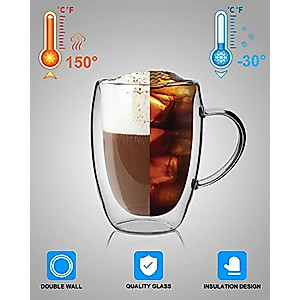 LIBWYS 2 Pack Double Walled Coffee Cups Glasses Mugs, 12oz Espresso Cappuccino Latte Tea Cups with Handle, Heat Resistant Borosilicate Clear Glasses 350ml