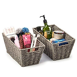 EZOWare 3 Durable Paper Rope Woven Storage Baskets, Braided Multipurpose Organizer Bins with Handle for Kids Baby Closets, Room Decor, Dog Cat Toys, Gift Baskets Empty - Gray