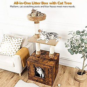 HOOBRO Litter Box Enclosure with Cat Tree Tower, Hidden Cat Washroom with Scratching Post and Soft Plush Perch, Wooden Cat Furniture, Indoor Pet Cabinet with Multiple Platforms, Rustic Brown BF12MW03