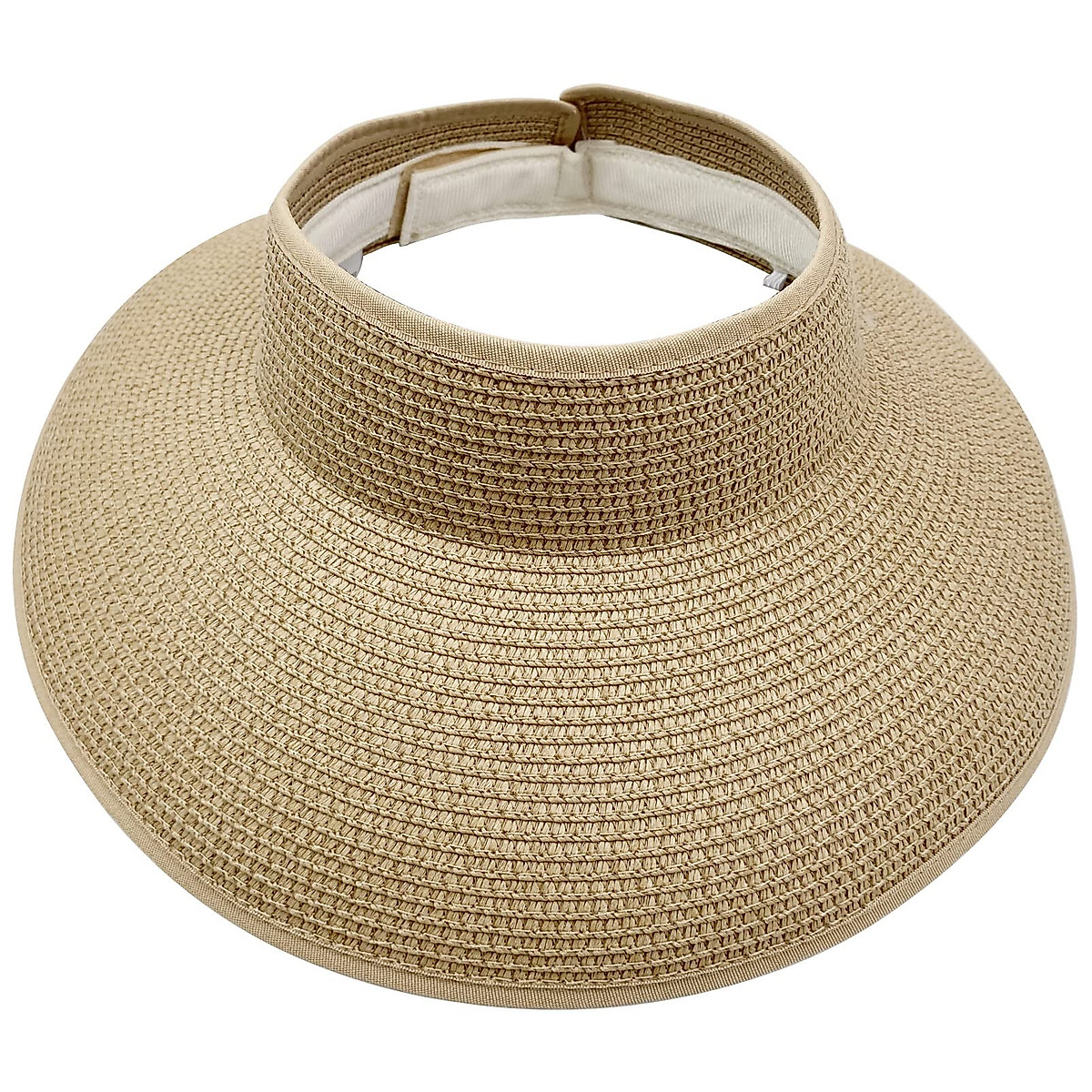 Women Sun Visors with Roll-Up Ponytail Packable Foldable Wide Brim Straw UV Protection Sun Beach Hats for Women Travel(Khaki)