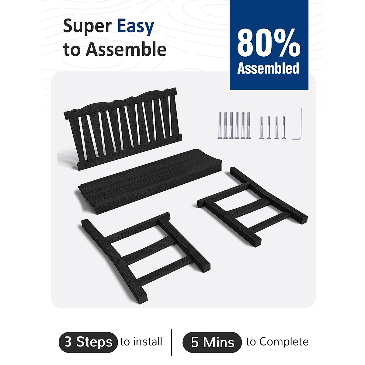 LAHAAP Outdoor Rocking Chairs Set, Weatherproof HIPS Outdoor Furniture, Include 2 Patio Rocking Chairs + Outdoor Bench, Suit for Garden, Porch, Lawn & Backyard(Black)