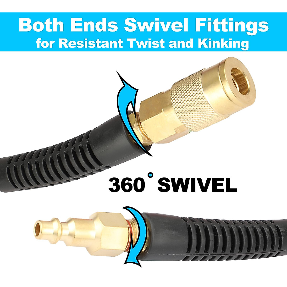 YOTOO Reinforced Polyurethane Air Hose 1/4" Inner Diameter by 100' Long, Flexible, Heavy Duty Air Compressor Hose with Bend Restrictor, 1/4" Swivel Industrial Quick Coupler and Plug, Blue