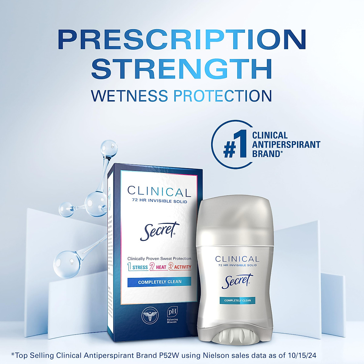 Secret Clinical Strength Antiperspirant Deodorant for Women, 3X Stress Protection, 72hr Sweat & Odor Protection, PH Balancing Minerals, Invisible Solid, Completely Clean Scent, 1.6 oz