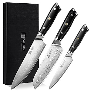 PAUDIN Damascus Knife Set 3 PCS, Kitchen Knife Set with Japanese VG10 Steel Core, Ultra Sharp Chef Knife Set with Full Tang G10 Handle, Damascus Kitchen Knives