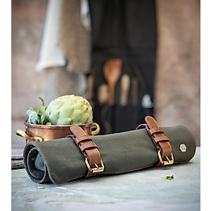 Knife Bag made of durable Canvas & genuine Leather - Chef's Knife Roll Case for Cooking & BBQ - Knives storage case Lars (Olive-Green)