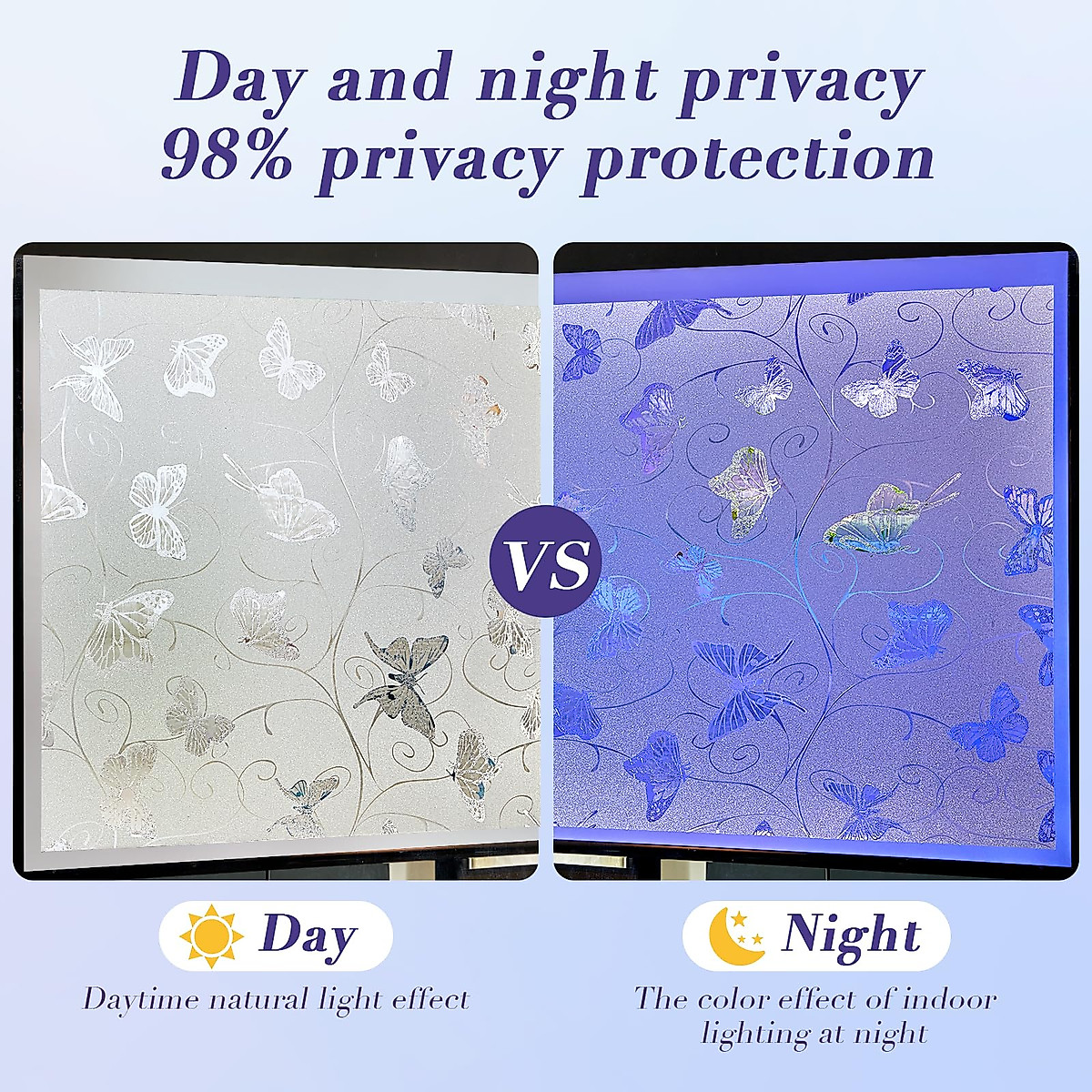 ColorfulHall Butterfly Frosted Glass Window Film Window Privacy Film,Bathroom Decor Privacy Window Film Day and Night Static Cling 90% UV Heat Blocking Window Clings(17.5X78.7 inch)