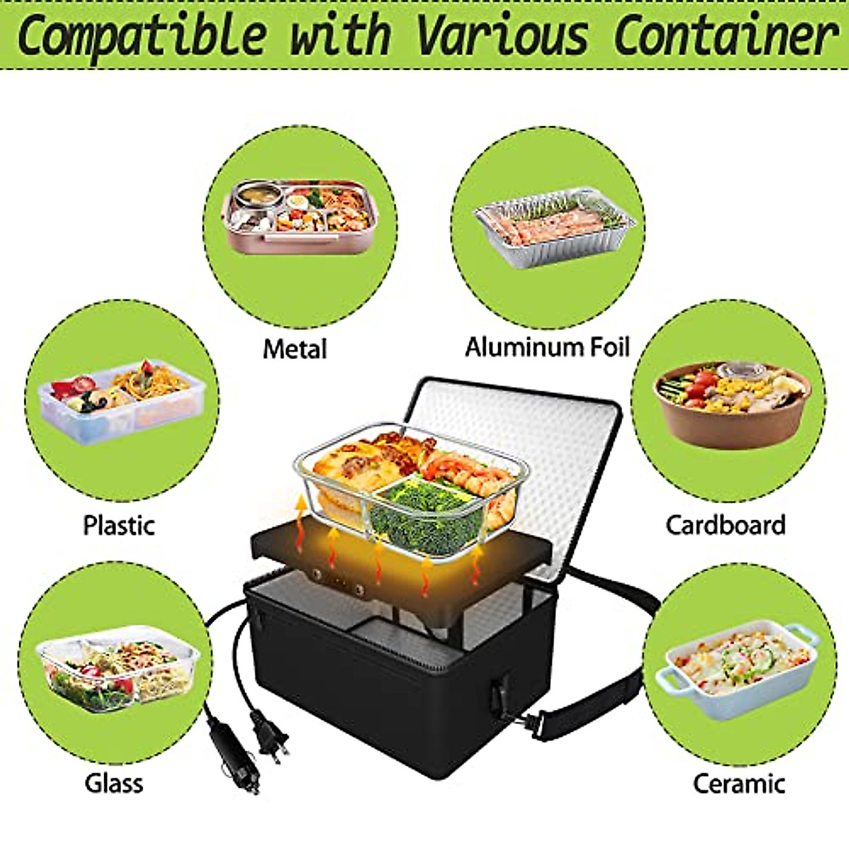 Portable Oven, 12V 24V 110V Car Food Warmer Portable Personal Mini Oven Electric Heated Lunch Box for Meals Reheating & Raw Food Cooking for Road Trip/Camping/Picnic/Family Gathering(Black)