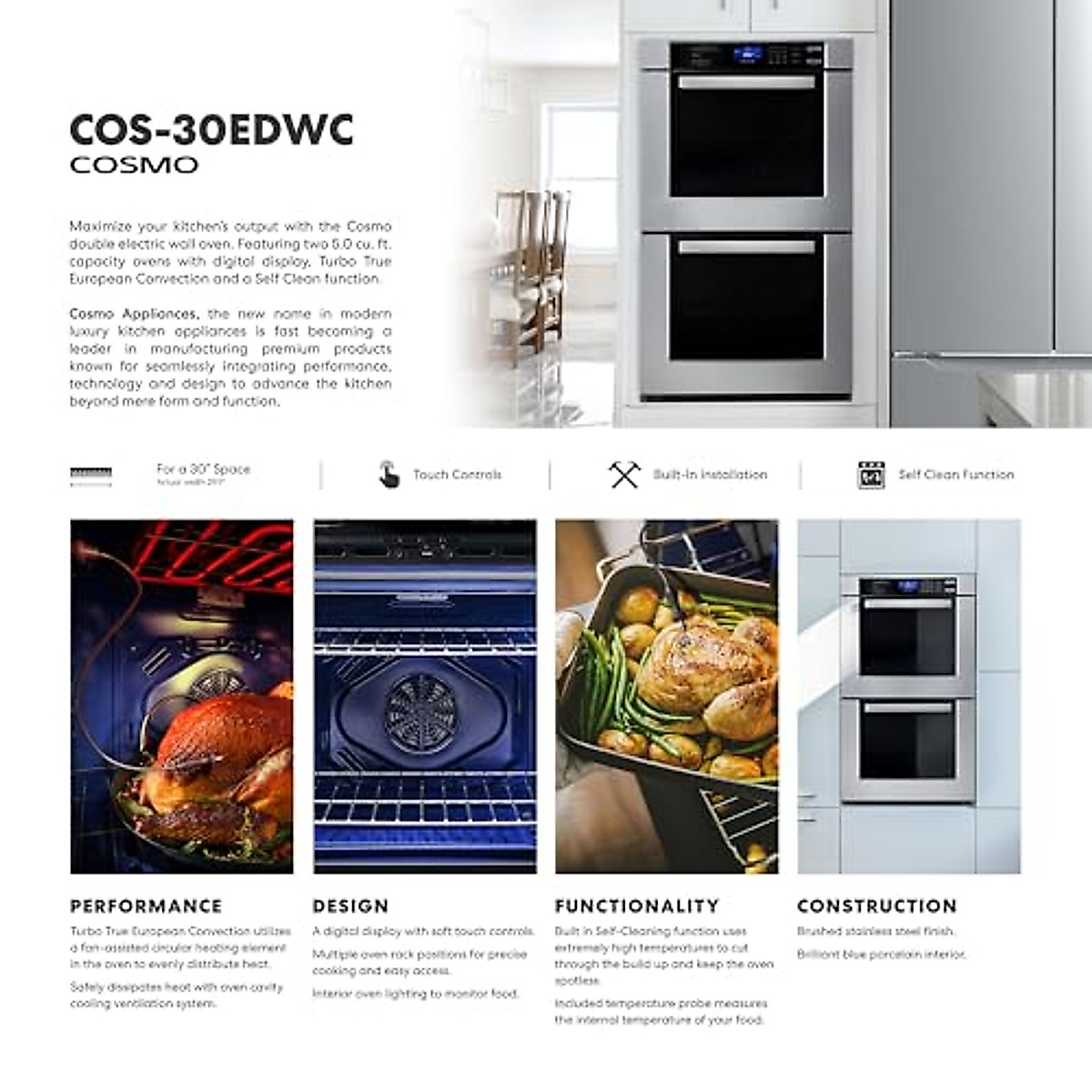 COSMO COS-30EDWC 30 in. Haven Collection Double Electric Wall Oven, True Convection, Blue Porcelain, Self Cleaning in Stainless Steel