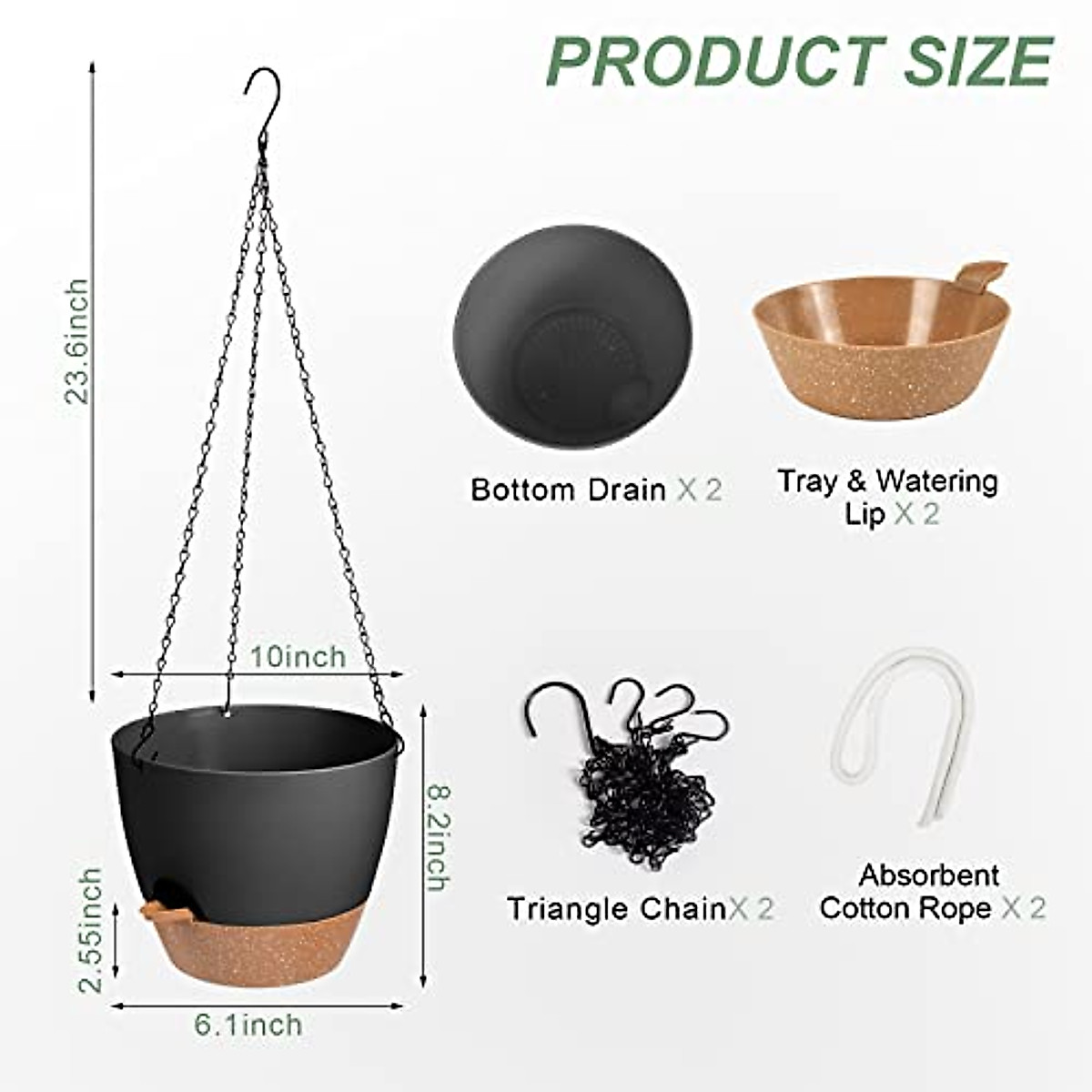 Vanslogreen 10 Inch Hanging Planter, 2 Pack Plant Hanger Indoor Outdoor, Self Watering Plant Pot Hanging Baskets Holder Plants with Drainage Holes & Removable Tray for Garden Home (Black)