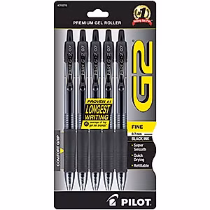 PILOT G2 Premium Refillable and Retractable Rolling Ball Gel Pens, Fine Point, Black Ink, 5-Pack (31078)