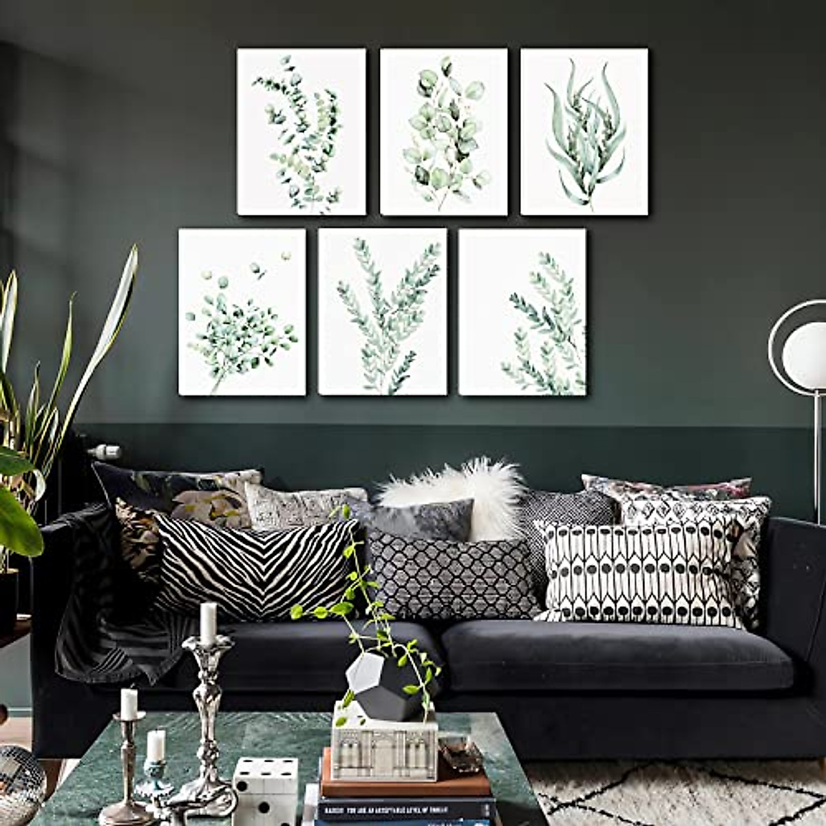 BINCUE Framed Botanical Plant Canvas Wall Art 6 Pieces Prints Green Sage Plants Minimalist Decor for Bathroom 12 x 16 Inch