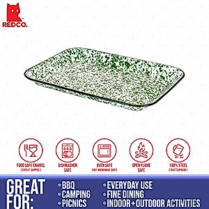 Red Co. 13.5” x 10” Enamelware Metal Classic 1.6-Quart Rectangular Serving Tray, Dark Green Marble/Black Rim – Splatter Design