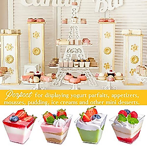 Qeirudu 50 Pack 3.5 oz Square Plastic Dessert Cups with Spoons, Mini Appetizer Cups Clear Parfait Shooter Cups for Tasting Party Small Desserts