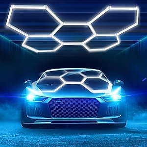 JESLED Hexagon Garage Lights, 192W 21120LM Super Bright Hexagon Ceiling Light, 5 Grid Systems Hexagon Led Garage Lights for Warehouse, Workshop, Car Detailing Shop, Basement, and Gym