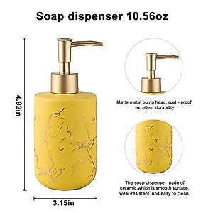 USYUEGLV Ceremic Bathroom Accessory Set, 4 Pieces Marble Look Complete Bath Decor Kit Includes Lotion Soap Dispenser, 2 Toothbrush Holder/Tumbler and Soap Dish (Yellow (Four Piece))