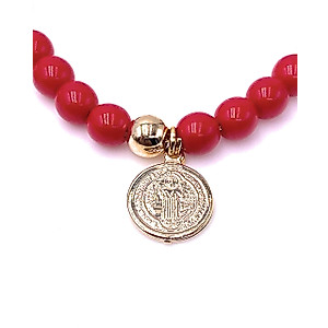 LESLIE BOULES Saint Benedict Red Glass Beads Bracelet Genuine Azabache and Blue Evil Eye Handmade Jewelry