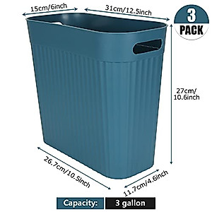 ZOFORTY 3 Pack Slim Plastic Trash Can Wastebasket 3 Gallon Garbage Container Bin with Handles for Bathroom, Kitchen, Office, Dorm (Blue, Rectangular)