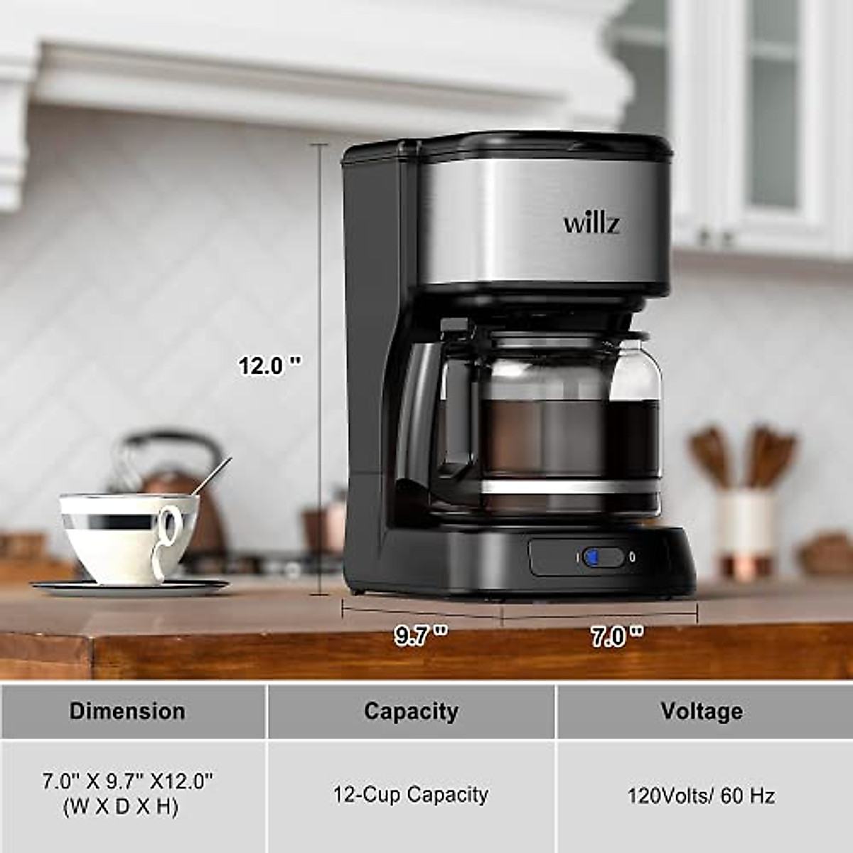 Willz 12-Cup Drip Coffee Maker with Reusable Filter & Coffee Scoop, Large Capacity, Black with Stainless Steel Trim