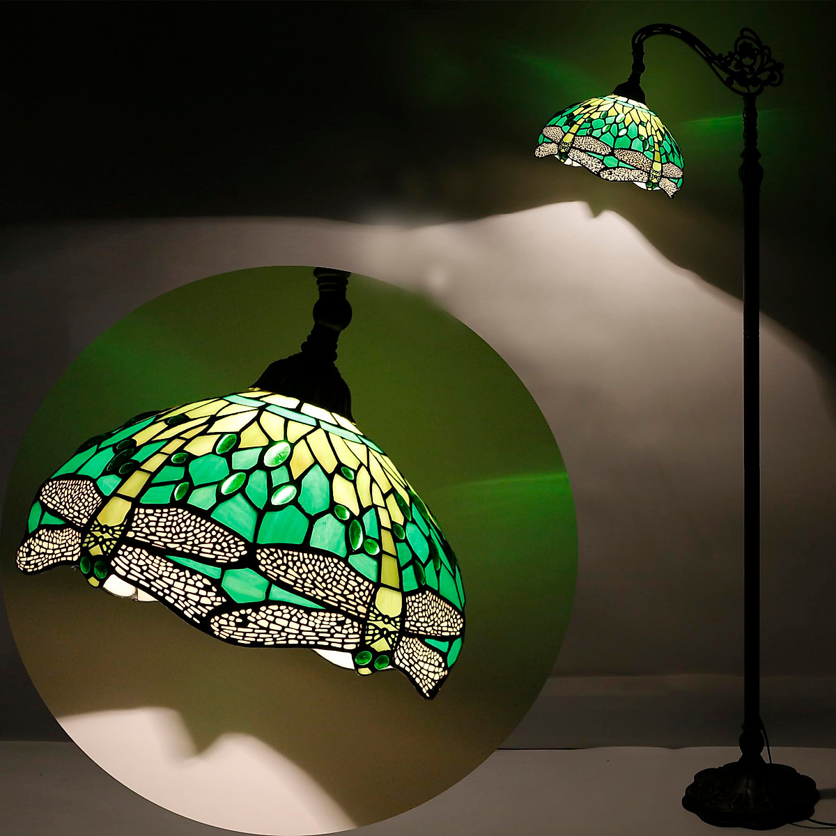 WERFACTORY Tiffany Floor Lamp Green Stained Glass Dragonfly Arched Lamp 12X18X64 Inches Gooseneck Adjustable Corner Standing Reading Light Decor Bedroom Living Room S459 Series