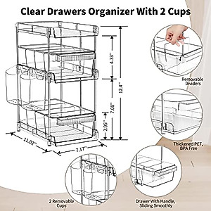 Clear Bathroom Organizers 3 Tier 2 Pack, Pull Out Organizer and Storage with 2 Cups, Slide Out Drawer Storage Container with 12 Dividers, Multi-Purpose Bathroom Organizer, Kitchen Under Sink Organizer