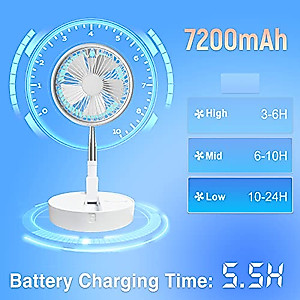 tectake Portable Standing Desk Fan - 7200mAh USB Rechargeable Battery Operated Fan, Telescopic Adjustable Height, Super Quiet Fan for Travel, Bedroom, Camping Foldable Table Fan
