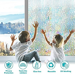 Windimiley Window Privacy Film Stained Glass Rainbow Clings: Window Tinting Film for Home Bathroom UV Blocking 3D Decorative Static Sticker Non Adhesive Vinyl Door Covering (17.5 x 78.7 Inch, Pure)