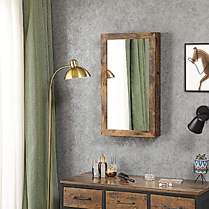 SONGMICS Lockable Jewelry Cabinet Armoire with Mirror, Wall-Mounted Space Saving Jewelry Storage Organizer, Rustic Brown UJJC051K01