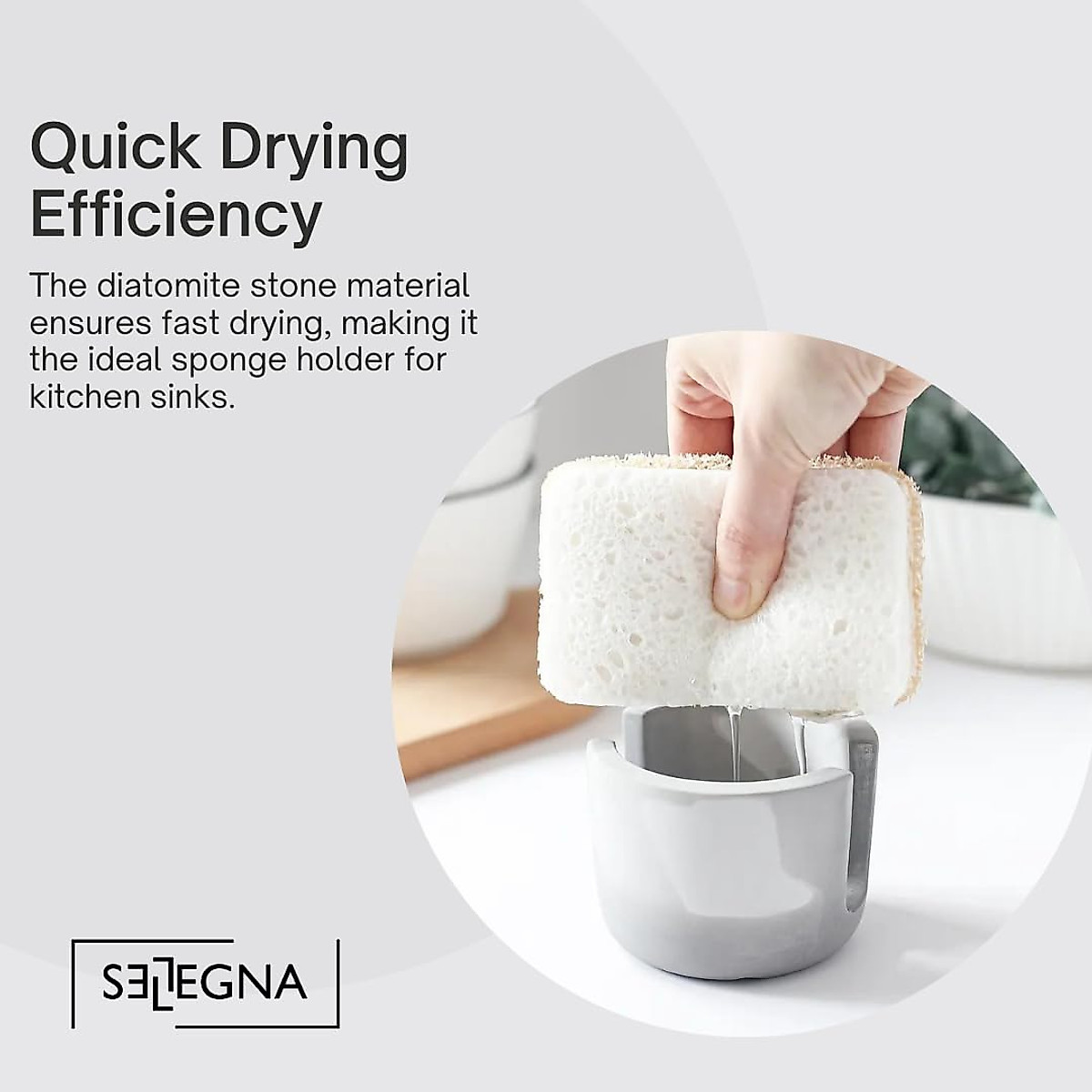 Selegna Diatomaceous Earth Sponge Holder - Drying Rack, Absorbent Stone Kitchen Sink Organizer, Beige (Small)