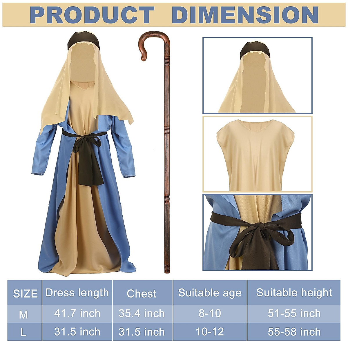 Patelai 6 Pcs Child Shepherd Costume Kids Child Costume with Robe Lining Scarf Sash Cane Beard for Halloween Cosplay(Medium)