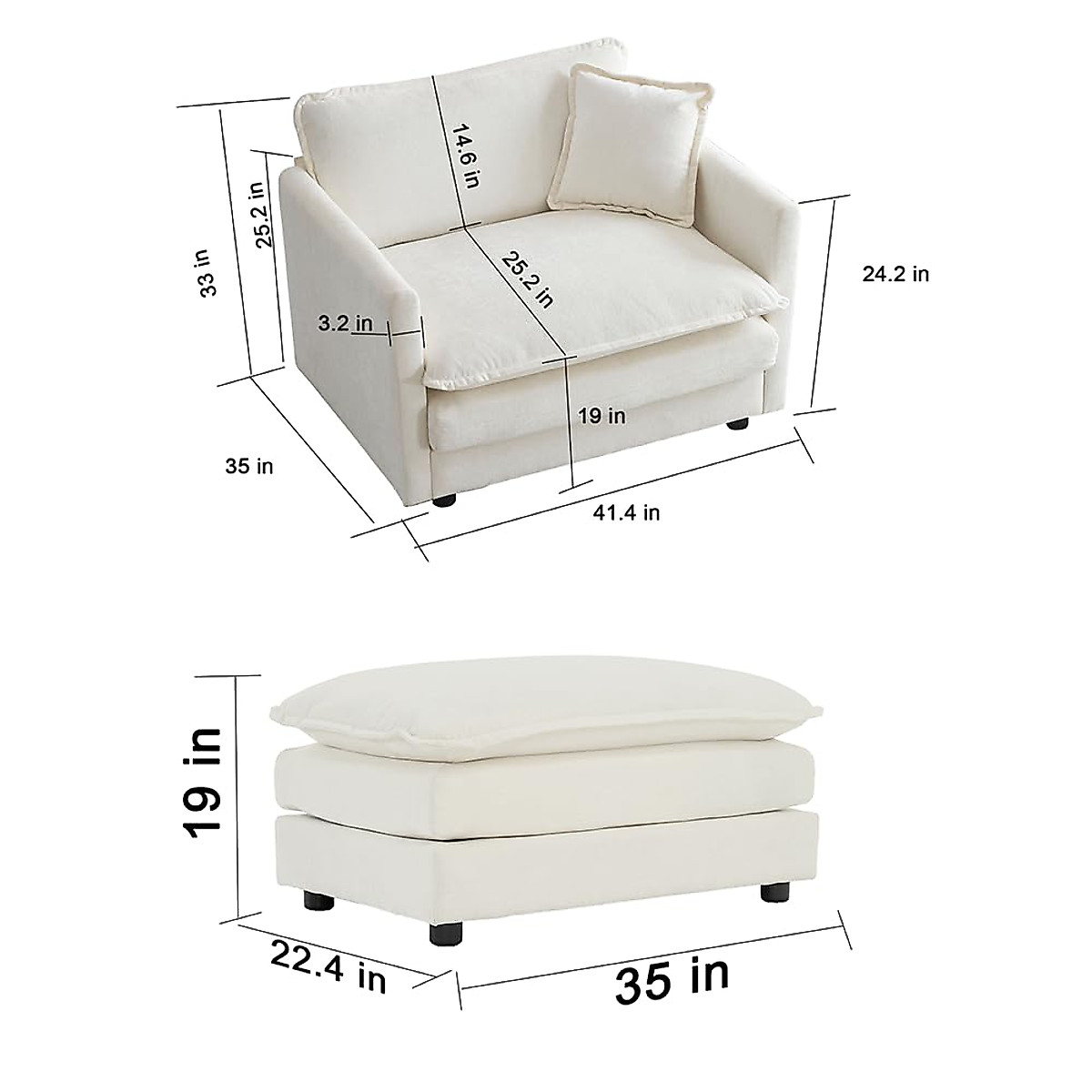 WILLIAMSPACE 41" Single Sofa Chair with Moveable Ottoman, Modern Upholstered Armchair with 1 Toss Pillow, Accent Chair for Living Room Deep Seat Reading Sofa for Bedroom, Chenille (Cream White)