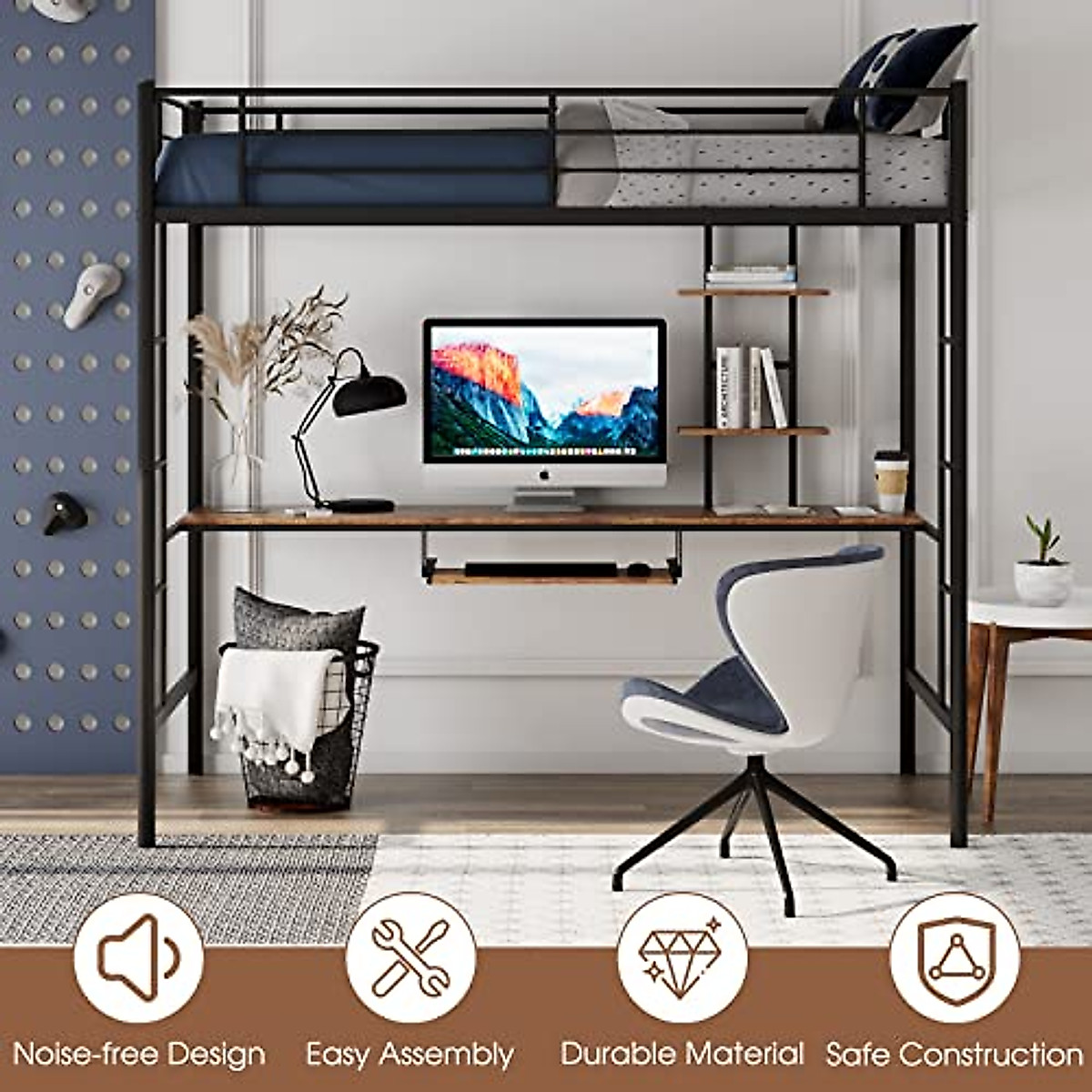 Giantex Twin Loft Bed with Desk and Bookcase, Metal Bunk Bed Frame w/Guardrail & Bilateral Ladder for Kids Teens Adults, Space-Saving Loft Bed with Keyboard Tray, No Box Spring Needed, Black