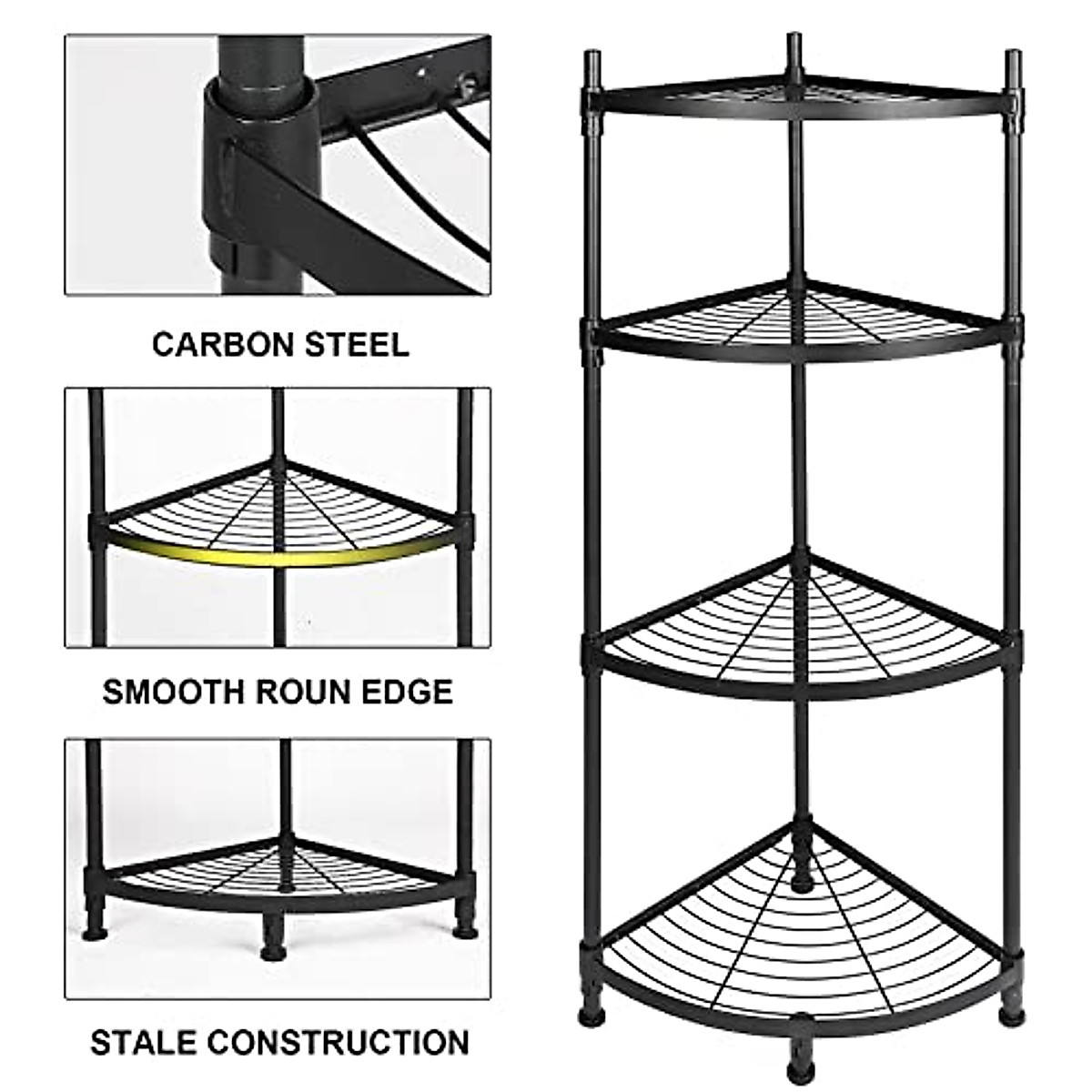 YSSOA 4 Tier Corner Display Rack Multipurpose Metal Shelving Unit, Bookcase Storage Rack Plant Stand for Living Room, Home Office, Kitchen, Small Space, 1-Pack, Bla