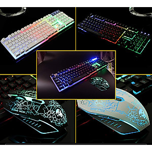 Axiba Waterproof Gaming Keyboard Mouse Sets USB Wired 104 Keys Skull Rainbow LED Backlit Multimedia Ergonomic Gamer Keyboard 2400DPI 6 Buttons Optical Professional Game Mice + Mouse Pad (Skull White)