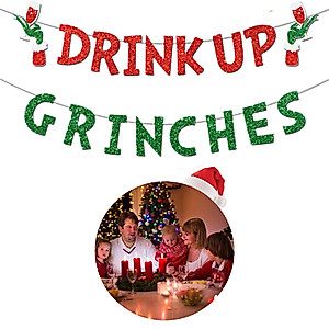 Drink Up Grinches Banner, Glittery Christmas Decorations Banners Winter Holiday Garland Photo Props Banner for Party Home Decorations