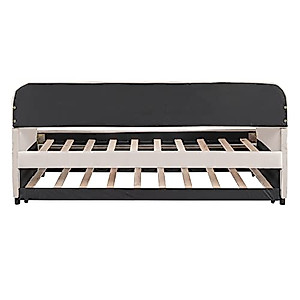 ERYE Twin Size Upholstered Daybed Sofa Bed with Trundle Bed and Wood Slat,Velvet Upholstery Twin Upholstered Bed for Boys and Girls,Beige Gray Light Blue