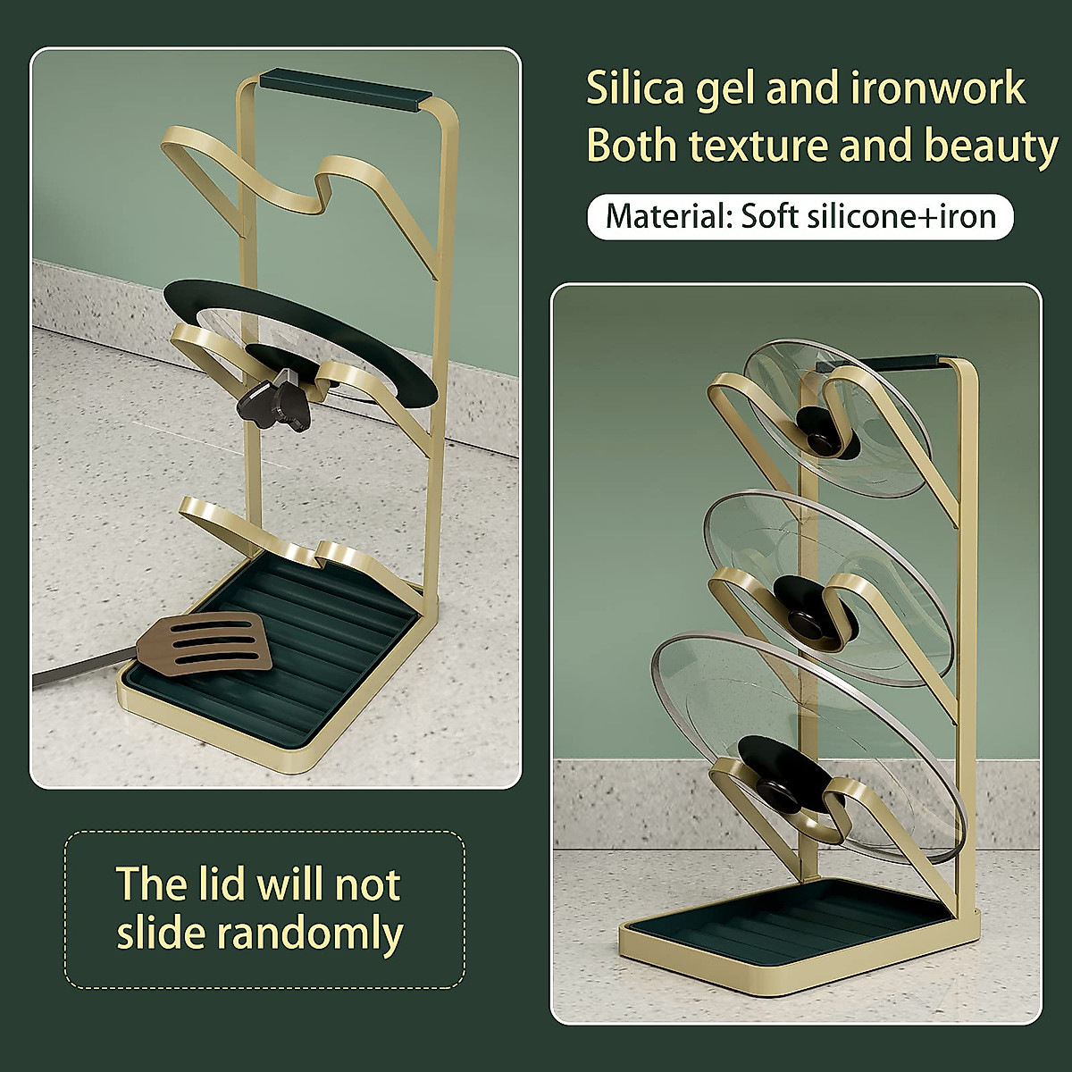 szxzy01 Lid Stand Lid Organizer Pot Lid Rack Holder for Utensils in Kitchen Cabinet Spatula Rack,Cutting Boards,Spoon Storage Gold