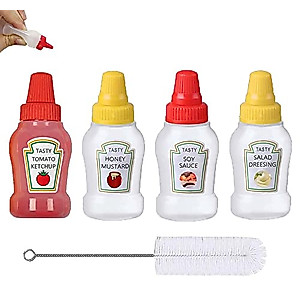 THYULIFE 4Pcs Mini Condiment Squeeze Bottles with Cleaning Brush, 25ml Leakproof Mini Ketchup Sauce Bottles Refillable Ketchup/Soy Sauce/Honey/Salad Dressing Bottles Container for Lunch Box, BPA Free