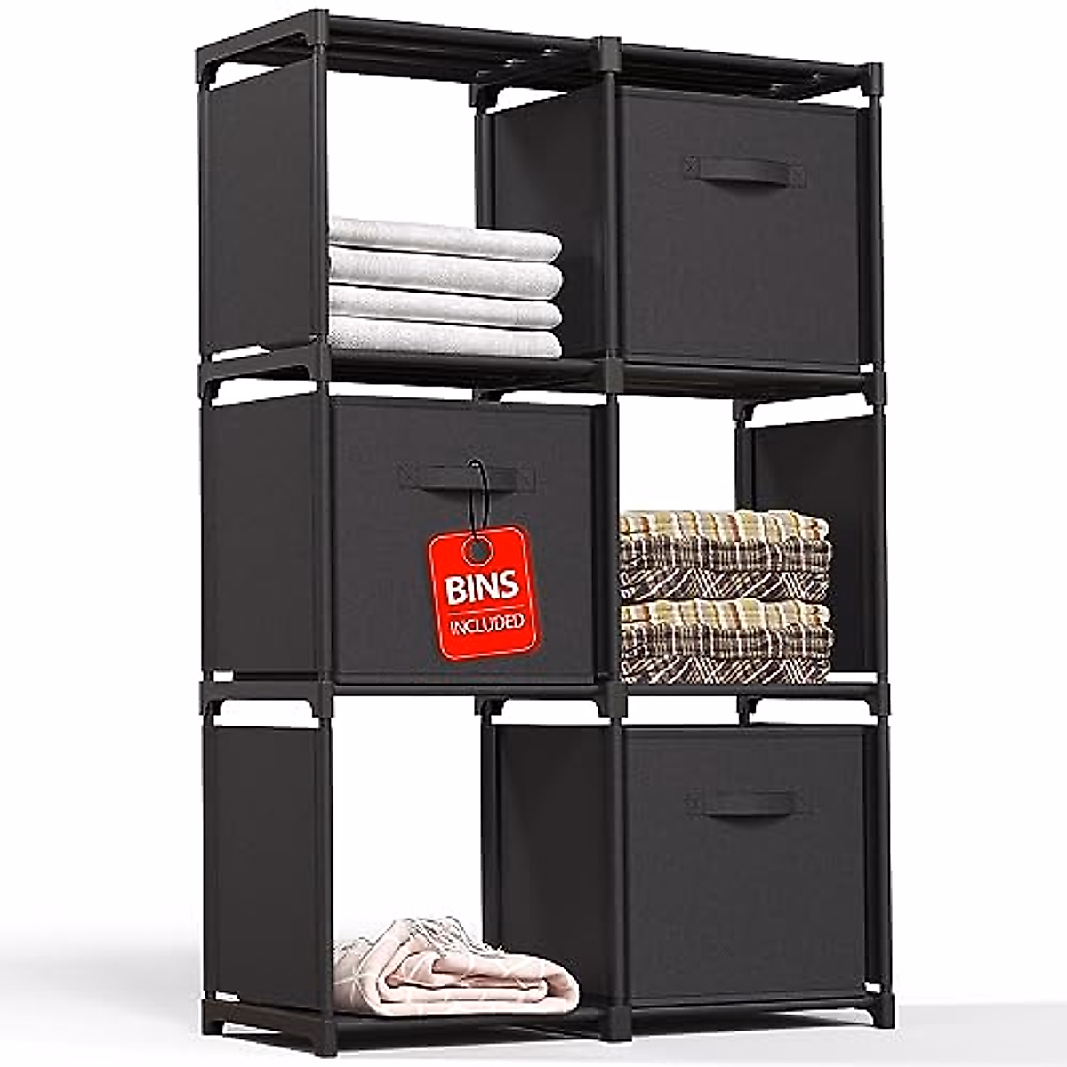 6-Cube Storage Organizer, Closet Organizers and Storage, Cube Storage Shelf with 3 Extra Drawers, Strong Load-Bearing Capacity, Portable Shelves for Bedroom, Living Room, Home, Office Black