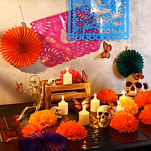 Newwiee 82 Pcs Day of the Dead Altar Decoration Kit Dia De Muertos Disposable Tablecloth Flameless LED Candle Paper Marigold Flower Fan Butterfly Mexican Papel Picado Banner Supplies (Colorful)