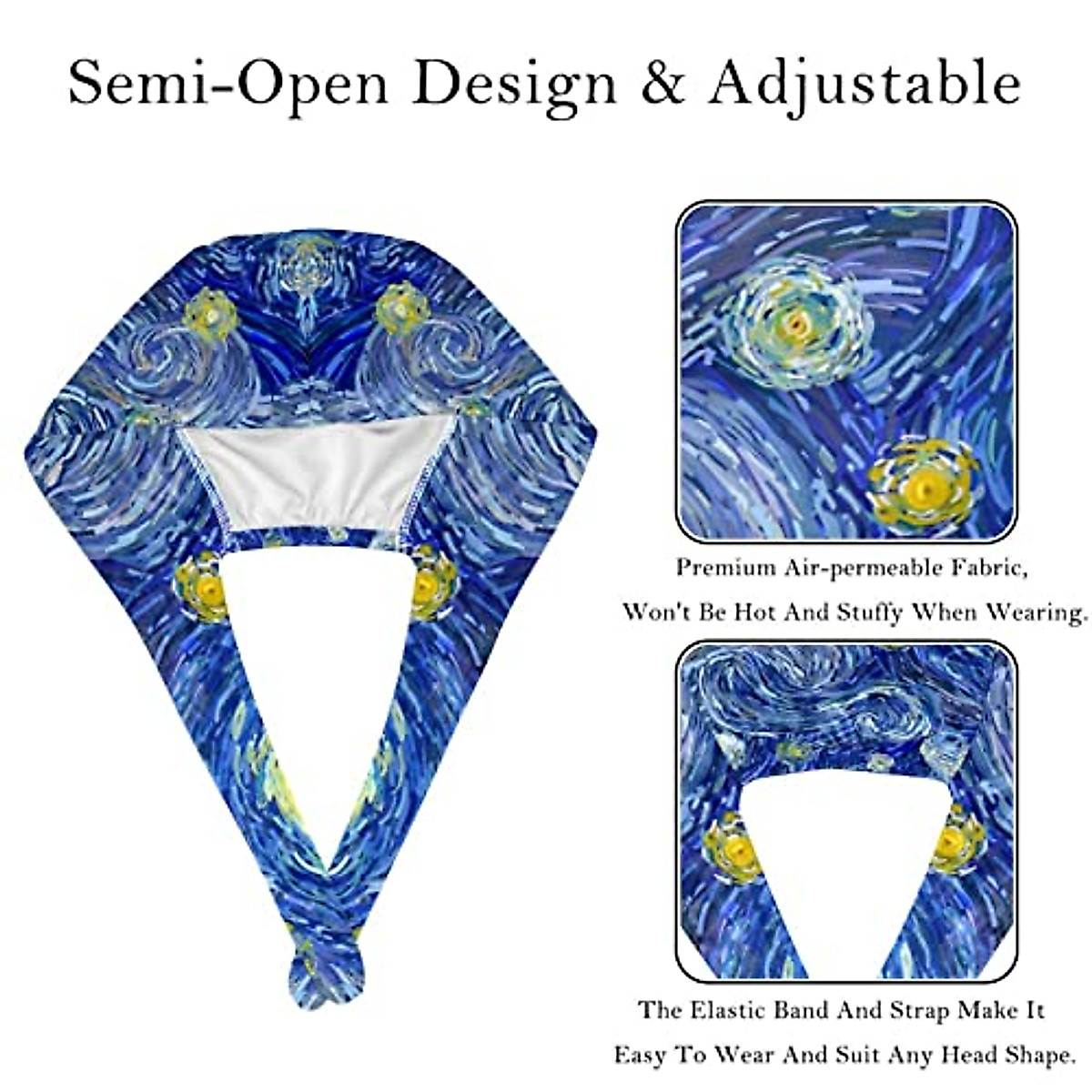 Mersov Bouffant Caps with Button, Surgical Scrub Cap for Men Women, 2 Pieces Blue Starry Sky Space Galaxy Working Hat Tie Back Hat, Medium-3X-Large