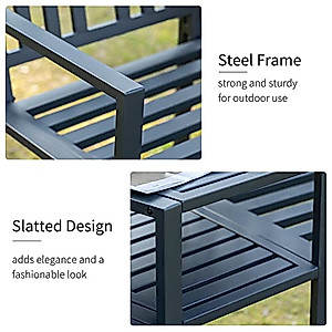 Outsunny Tete-a-Tete Outdoor Bench with Center Table & Umbrella Hole, Garden Bench for 2-Person, Metal Frame Patio Loveseat with Armrest, Slatted Backrest and Seat, Black